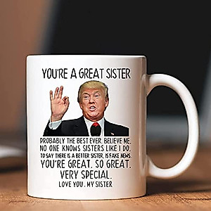Aurahouse Funny Sister Christmas Gifts from Sister, You're A Great Sister Trump Mug, Sister Birthday Gifts from Sister Brother, Valentines Day, Mothers Day Gifts for Sister Coffee Cup(White,11Oz)