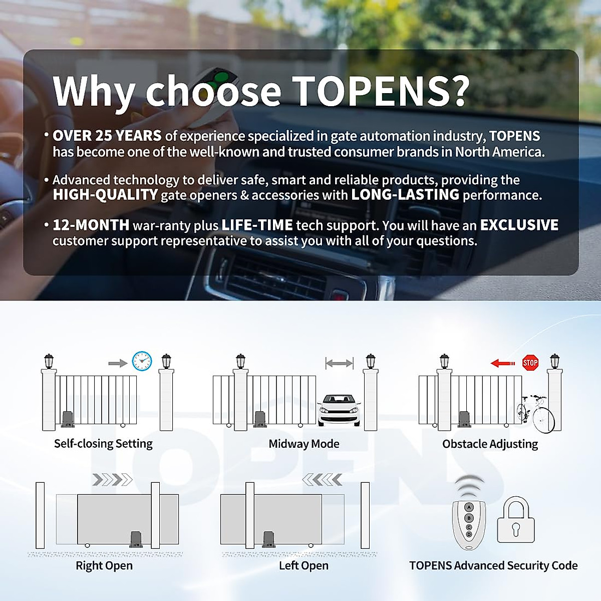 TOPENS RK990T Automatic Sliding Gate Opener Rack Drive Electric Gate Motor for Heavy Driveway Slide Gates Up to 2200 Pounds, Security Gate Operator AC Powered with Nylon Gear Rack and Remote Control