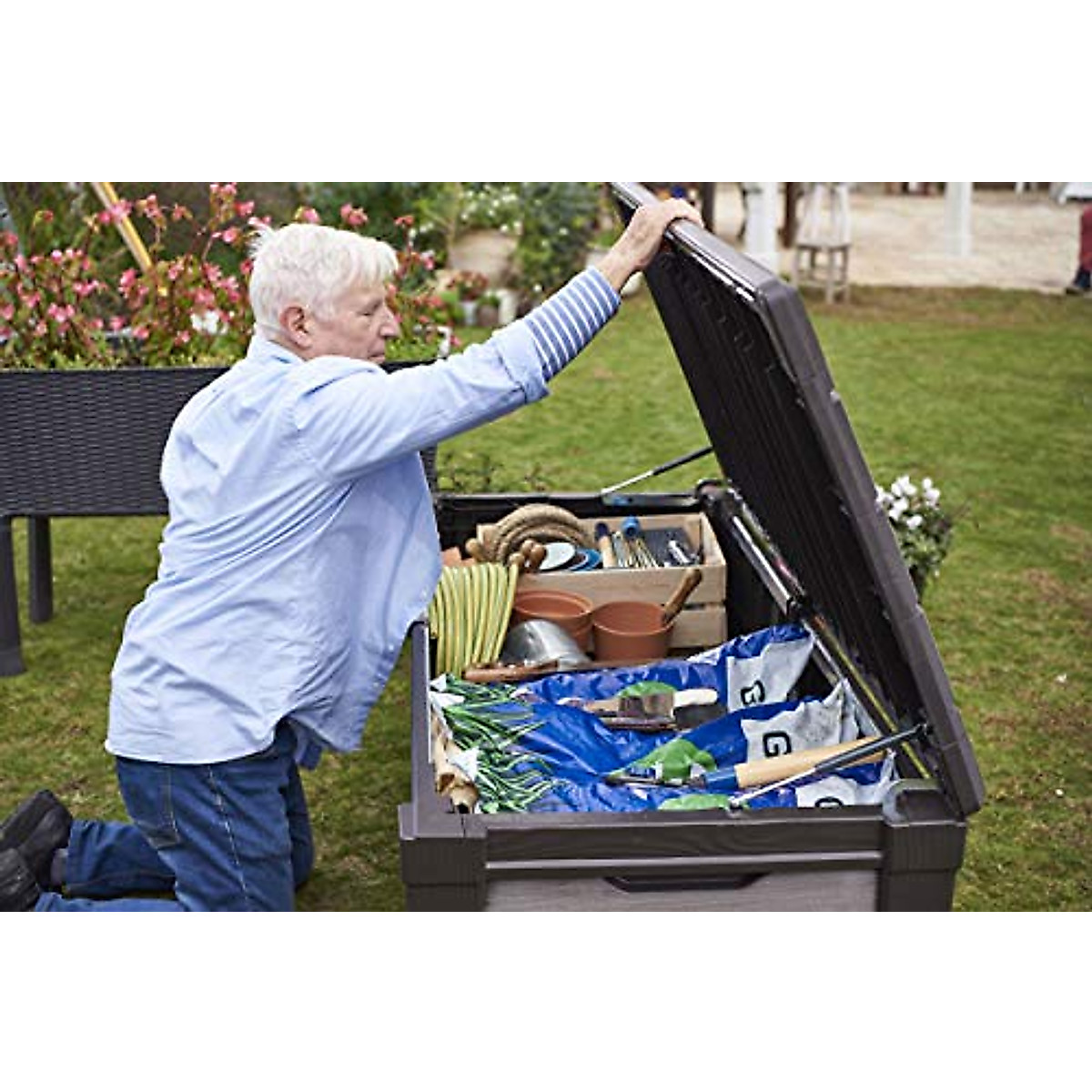 Keter Brushwood 120 Gallon Resin Large Deck Box for Patio Garden Furniture, Outdoor Cushion Storage, Pool Accessories, and Toys, Brown