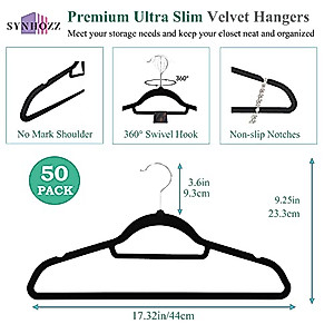 Synhozz Premium Black Velvet Hangers 50 Pack Non-Slip Clothes Hangers Ultra Slim & Space Saving - Heavy Duty Velvet Suit Hangers with Tie Bar