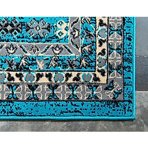 Unique Loom Taftan Collection Border Geometric Tribal Inspired Design Area Rug, 4 ft x 6 ft, Turquoise/Gray