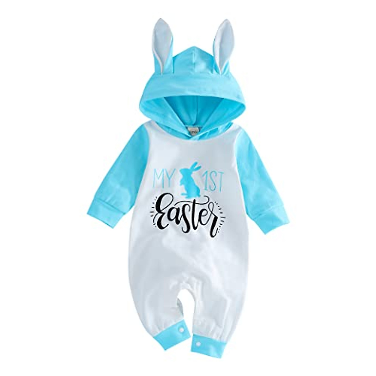 My 1st Easter Outfits Newborn Baby Boy Clothes Long Sleeve Rabbit Printed Rompers Jumpsuits Hoodies (White+Blue, 3-6Months)