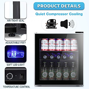 Antarctic Star 70 Can Mini Fridge Cooler - Beverage Refrigerator Black Glass Door for Beer Soda or Wine, Small Drink Dispenser Machine Clear Front Removable for Home, Office or Bar, 1.6cu.ft.