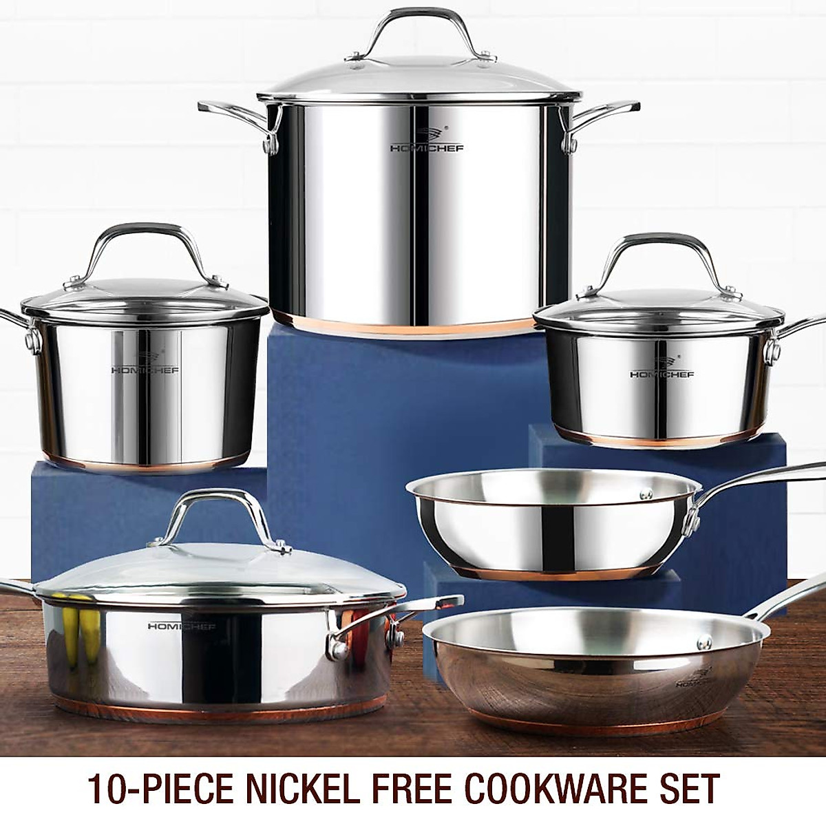 HOMICHEF 10-Piece Nickel Free Stainless Steel Cookware Set Copper Band - Nickel Free Stainless Steel Pots and Pans Set - Healthy Cookware Set Stainless Steel - Non-Toxic Induction Cookware Sets