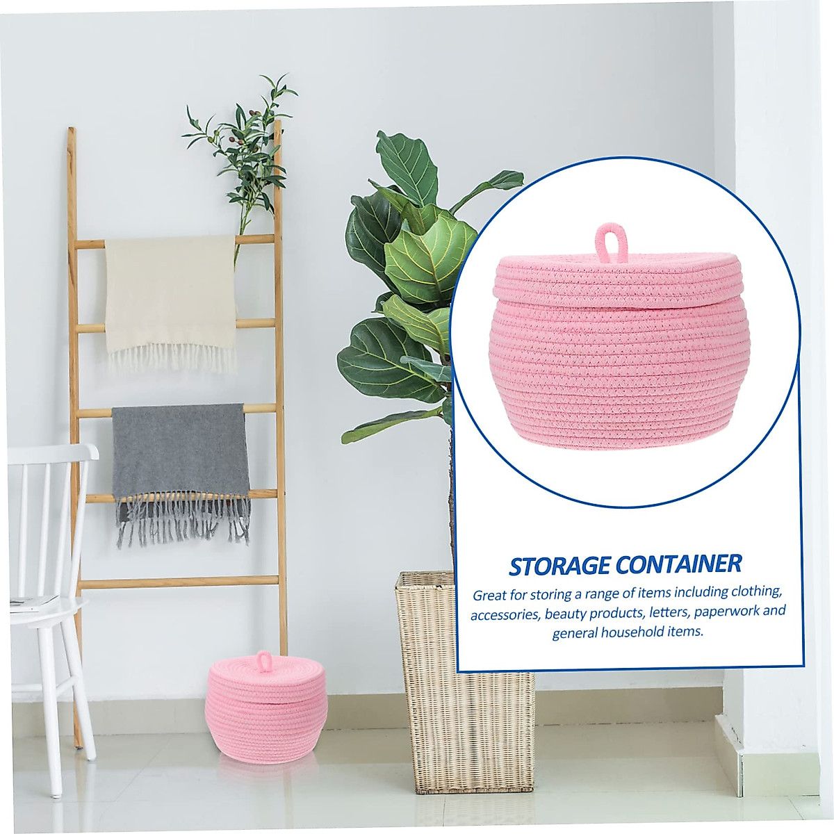 Anneome 1pc Cotton Rope Storage Basket Desktop Decor Clothes Round Basket Rope Basket with Lid Tablescape Decor Woven Storage Container Weave Pink Clothing Japanese-style Baby