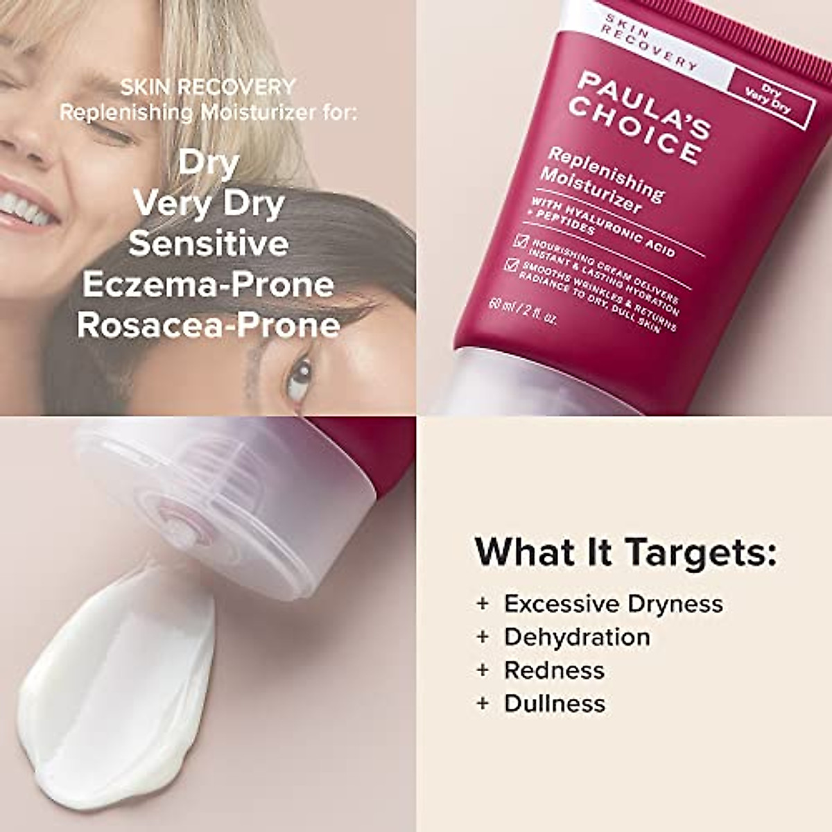 Paula's Choice SKIN RECOVERY Replenishing Facial Moisturizer Cream with Hyaluronic Acid, Soothes Redness & Sensitive Skin Prone to Rosacea & Eczema, Paraben-Free & Fragrance-Free, 2 Fl Oz