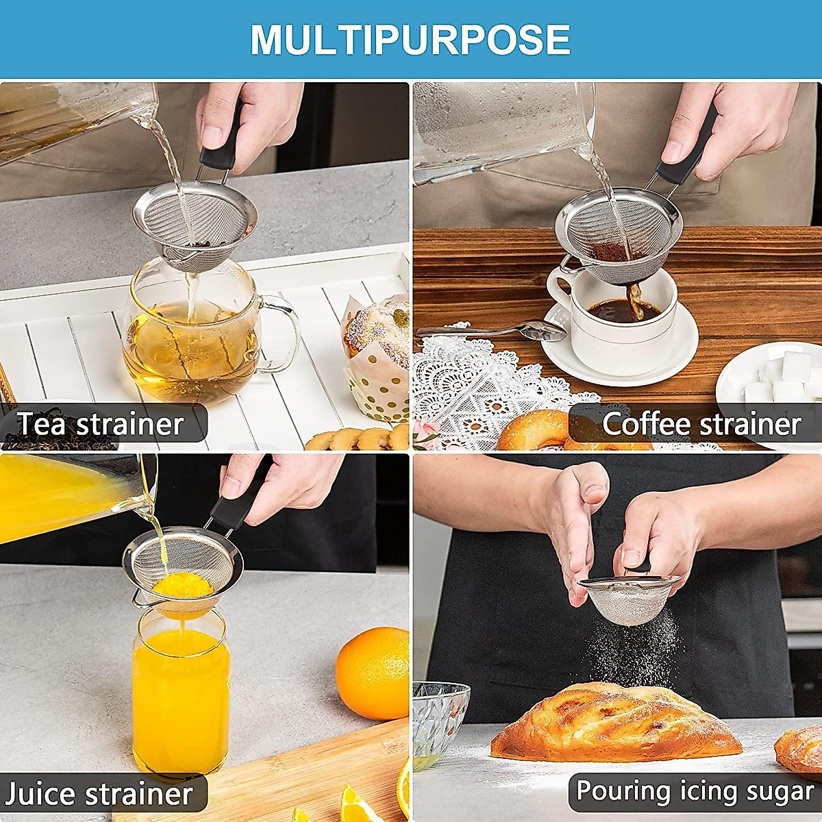 Kafoor Fine Mesh Strainer - 3.4 Inch Round Sieve - Tea Strainers for Loose Tea, Coffee Strainer, Food Strainer, Juice Strainer, and Much More!