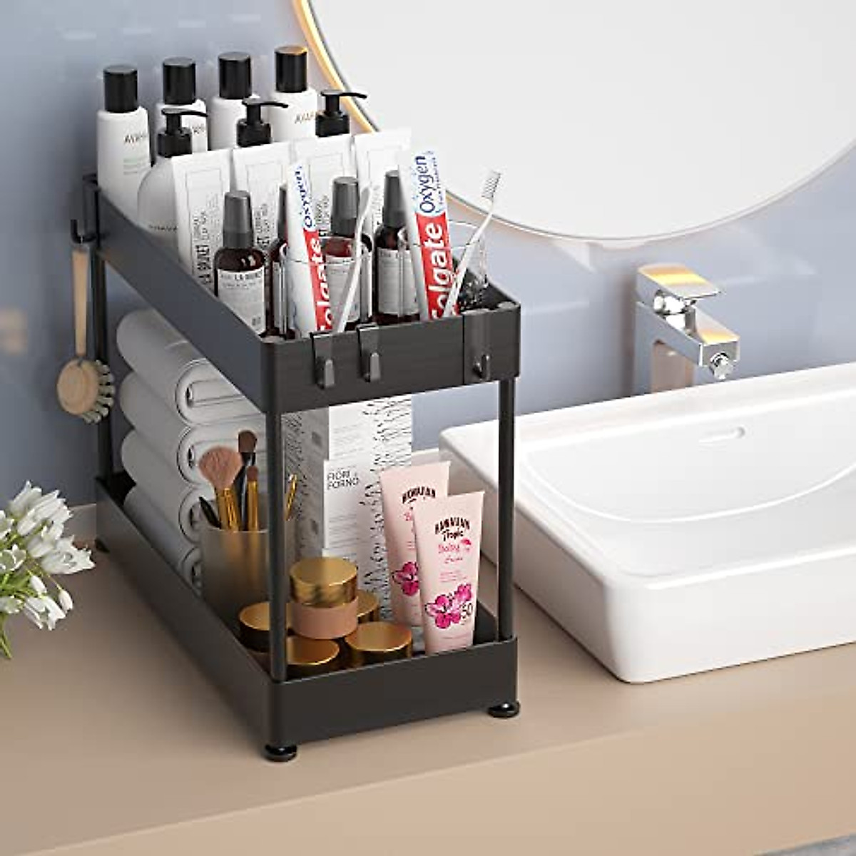 TIMEBAL 2 Pack Under Sink Organizers and Storage, 2 Tier Bathroom Organizer Countertop kitchen Sink Organizer Shelf Basket, Bathroom Counter Sink Organizer Multi-purpose Under Sink Storage for Kitchen