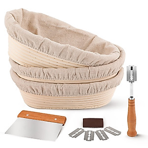 Komiikka Banneton Bread Proofing Baskets Set of 2, 10 inch Oval Proofing Baskets for Sourdough Bread Baking with Liner Scoring Lame Metal Scraper, Gifts for Bakers
