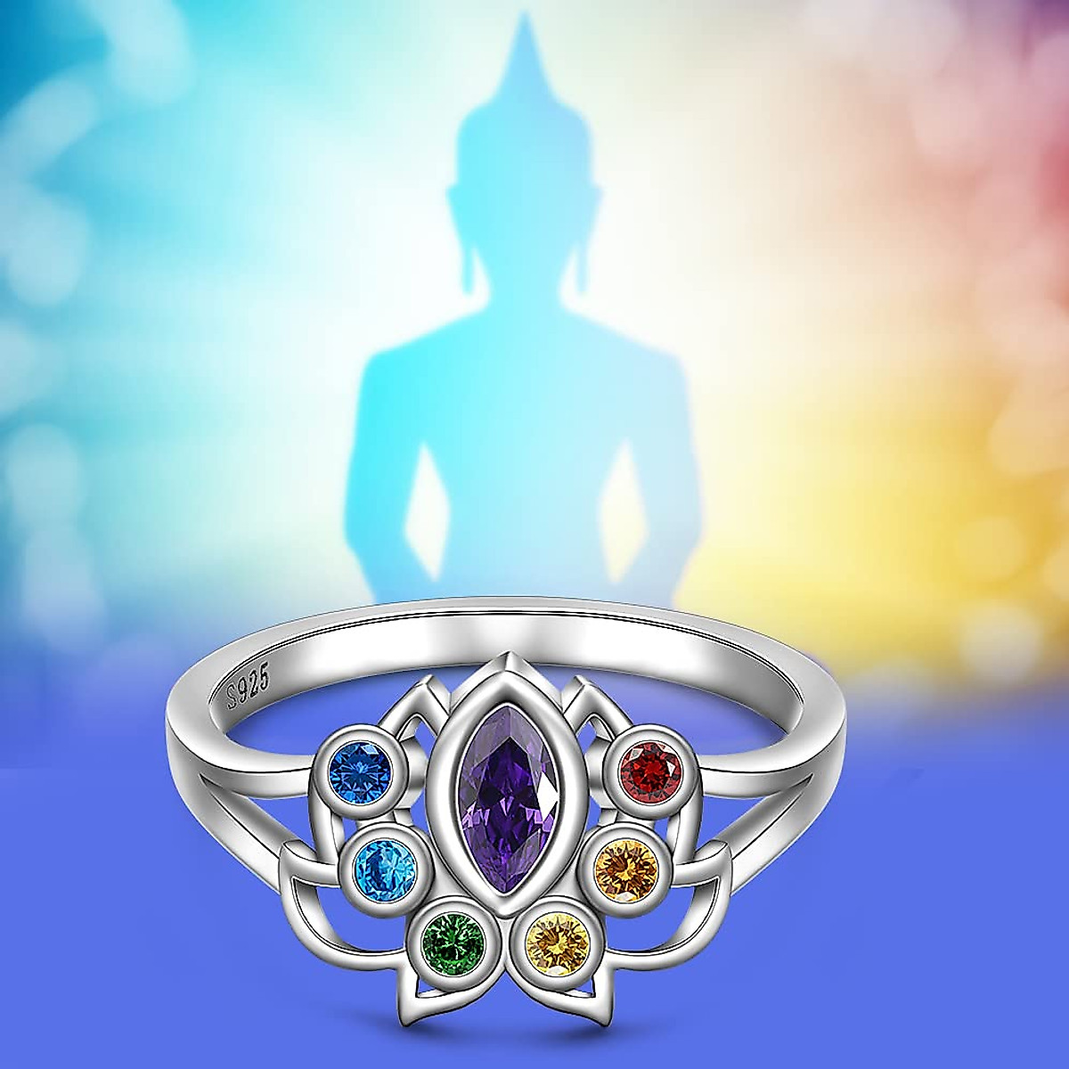 Talonior Lotus 7 Chakra Ring for Women Yoga Lotus Flower Chakra Rings Sterling Silver 925 CZ Healing Crystal Stone Protection Anxiety Relief Jewelry Christmas Gifts Size 7