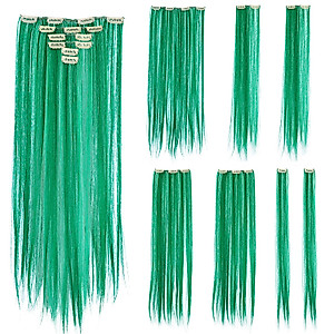 SWACC 7 Pcs Full Head Party Highlights Clip on in Hair Extensions Colored Hair Streak Synthetic Hairpieces (22-Inch Straight, Green)