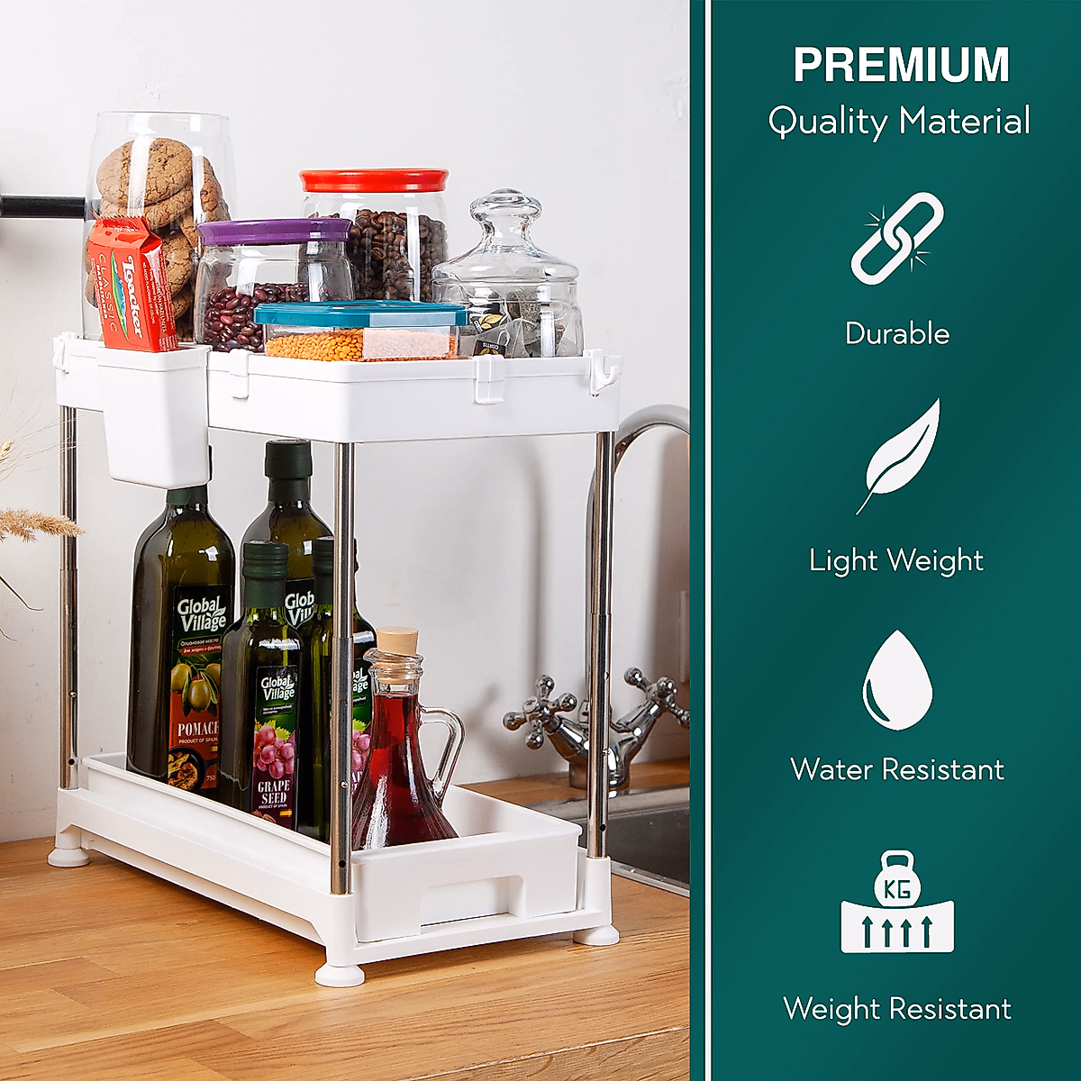 MrSmartSpace Under Sink Organizers and Storage, Adjustable Height 2 Tier Sliding Bathroom Basket, Under Cabinet Storage Shelf, Kitchen Storage Rack with Hooks, Hanging Cup, Dividers, White