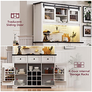 Farmhosue Pantry Bar Cabinet with Internal Storage Rack,Kitchen Cabinet with Hutch,Sliding Door,Power Outlet,Pegboard,Wine & Glasses Rack,3 Drawers,Rustic Coffee Bar Storage Cabinet,White Oak