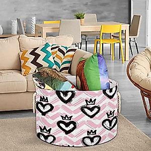 Hearts Crowns Pink Stripe Romantic Large Round Baskets for Storage Laundry Baskets with Handles Blanket Storage Basket for Bathroom Shelves Bins for Organizing Nursery Hamper Girl Boy