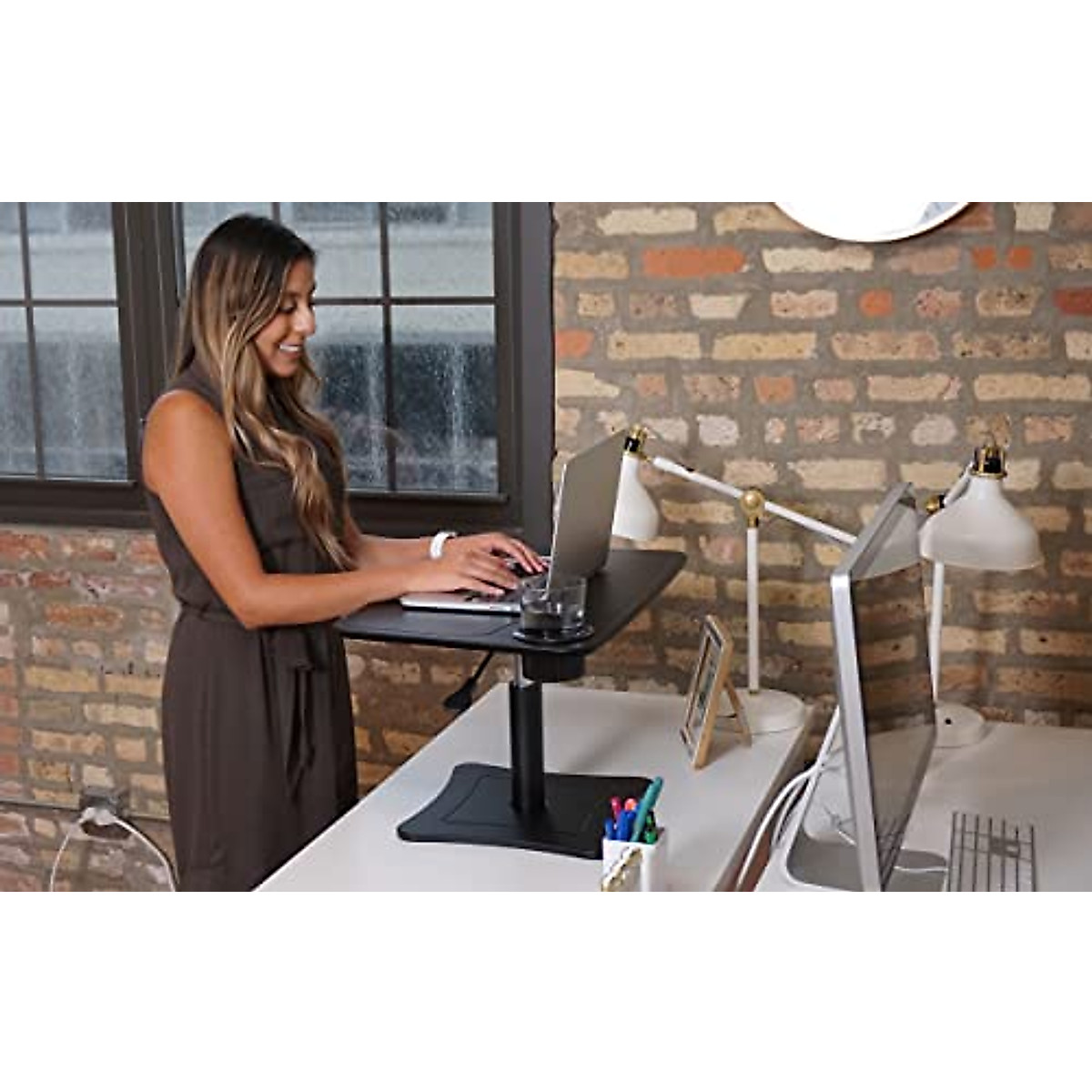 Victor DC240B High Rise Collection Adjustable Laptop Stand/Platform with Storage Cup, Air Hydraulic Lever Easily Raises and Lowers The Platform, Black