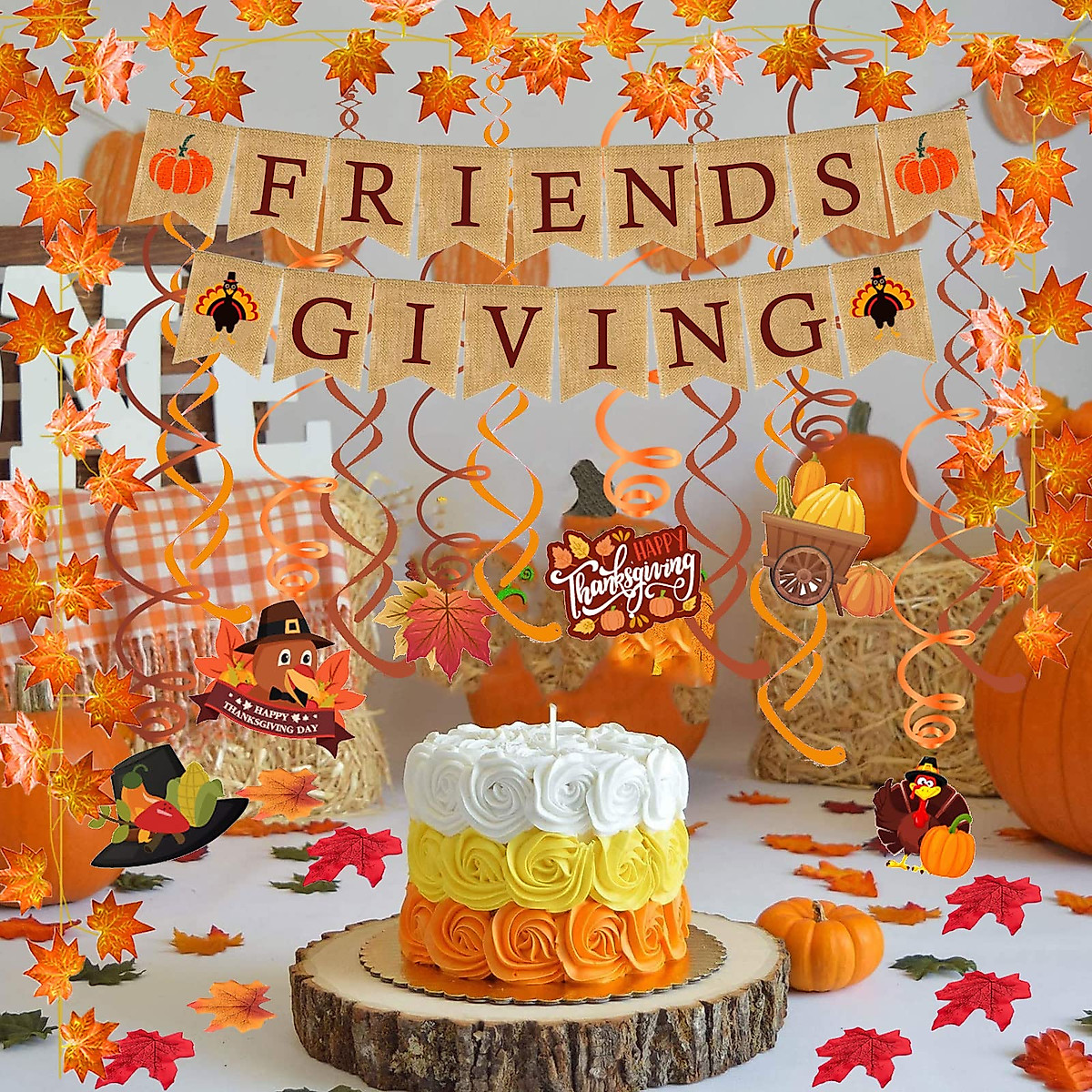 Famoby FRIENDSGIVING Burlap Banner Paper Triangular Bunting Maple leaf Garland Plastic Streamer for Thanksgiving Day Party Decoration