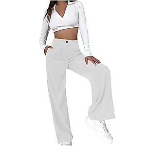 March Big Sale Women Corduroy Flare Pants Casual Corduroy Pants with Pocket Solid Corduroy Pants High Waist Bell Bottom Pants Fashion White
