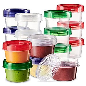 Elegant Disposables Baby Food Storage Containers 24 Pack, 4 ounce Colored Twist on Lids, Plastic, 1/2 Cup Small Freezer Storage Container
