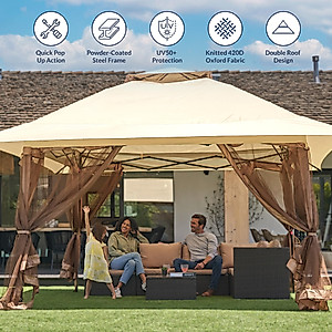 BELLEZE 13x13Ft Gazebo, Pop Up Gazebo Double Roof Outdoor Canopy with Mosquito Netting, Stable Steel Frame and Carry Bag, Height Adjustable Patio Gazebo for Backyard, Garden, Lawn