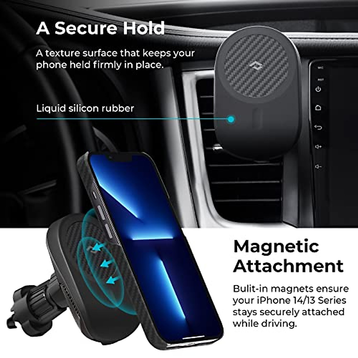 PITAKA Magnetic Car Phone Holder Mount for iPhone 14/13 Series & MagEZ Case 2 for Galaxy S22 Series [MagEZ Car Mount Lite] Compatible with MagSafe (Non-Charging Version) - Air Vent