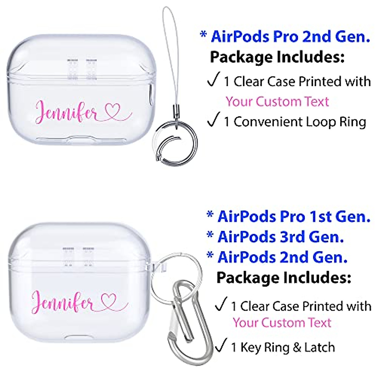 Liana Cases Custom Name Case for AirPods - All Sizes Available - AirPods Pro 2nd, 1st, 3rd Generation - Clear Personalized Cover Handwritten Style with Keychain Ring Carabiner