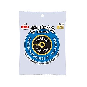 Martin Authentic Acoustic Guitar Strings, Superior Performance Light 12-54,12-30, 80/20 Bronze, 12 strings