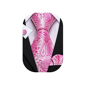 Barry.Wang Paisley Tie Fashion Set Hanky Cufflinks Neckties for Men Woven Silk Pink