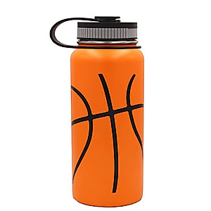 32 oz Basketball Water Bottle, Wide Mouth Thermo Flask with 2 Lids, BPA Free Stainless Steel Double Wall Vacuum Insulated Sports Water Bottles, Basketball Gifts for Boys Girls Player Coach