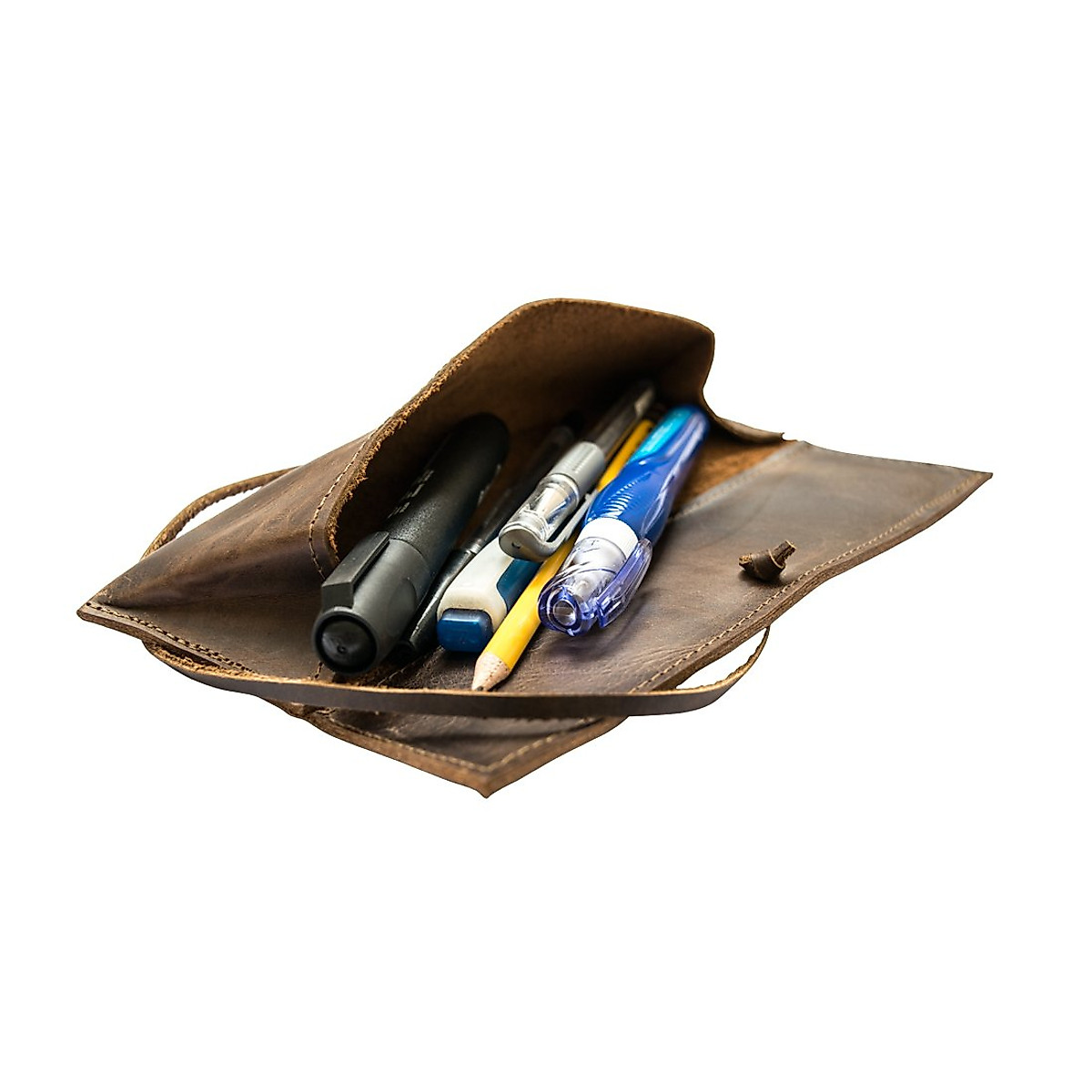 Hide & Drink, Rustic Leather Pencil Case (Small Personal Items) Artist Carpenter Slim Roll Handmade :: Bourbon Brown