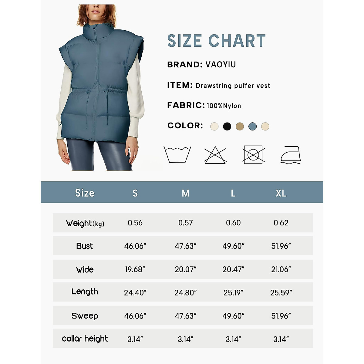 VAOYIU Womens Puffer Vest Adjustable Drawstring Waist Lightweight Quilted Zip Up Vest with Pockets(-Dustyblue-XL)