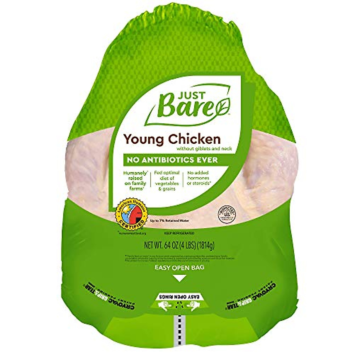 Just Bare® Natural Fresh Whole Chicken | Antibiotic Free | Bone-In | Without Giblets & Neck | 4.0 LB