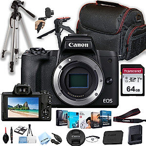 Canon EOS M50 Mark II Mirrorless Digital Camera Body Only (No Lens) + 64GB Memory + Case+ Steady Grip Pod + Tripod+ Software Pack + More (28pc Bundle) (Renewed)