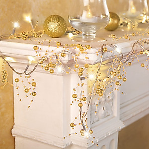 Collections Etc Indoor Christmas Decorations, Festive Lighted Berry Beaded Garland Gold- 120" L