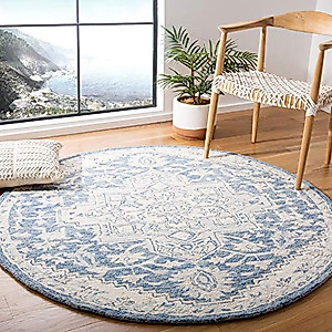 SAFAVIEH Micro-Loop Collection 5' Round Blue/Ivory MLP503M Handmade Shabby Chic Medallion Premium Wool Area Rug