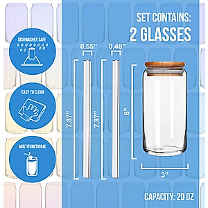 Huge Estate 20 oz Drinking Glass Cups Can Shaped - Set of 2 with 4 Glass Reusable Straws and Bamboo Lids for Iced Coffee Boba Tea Cocktails Beer Wine Water Dessert Glasses Pack of 2 Ideal Gift