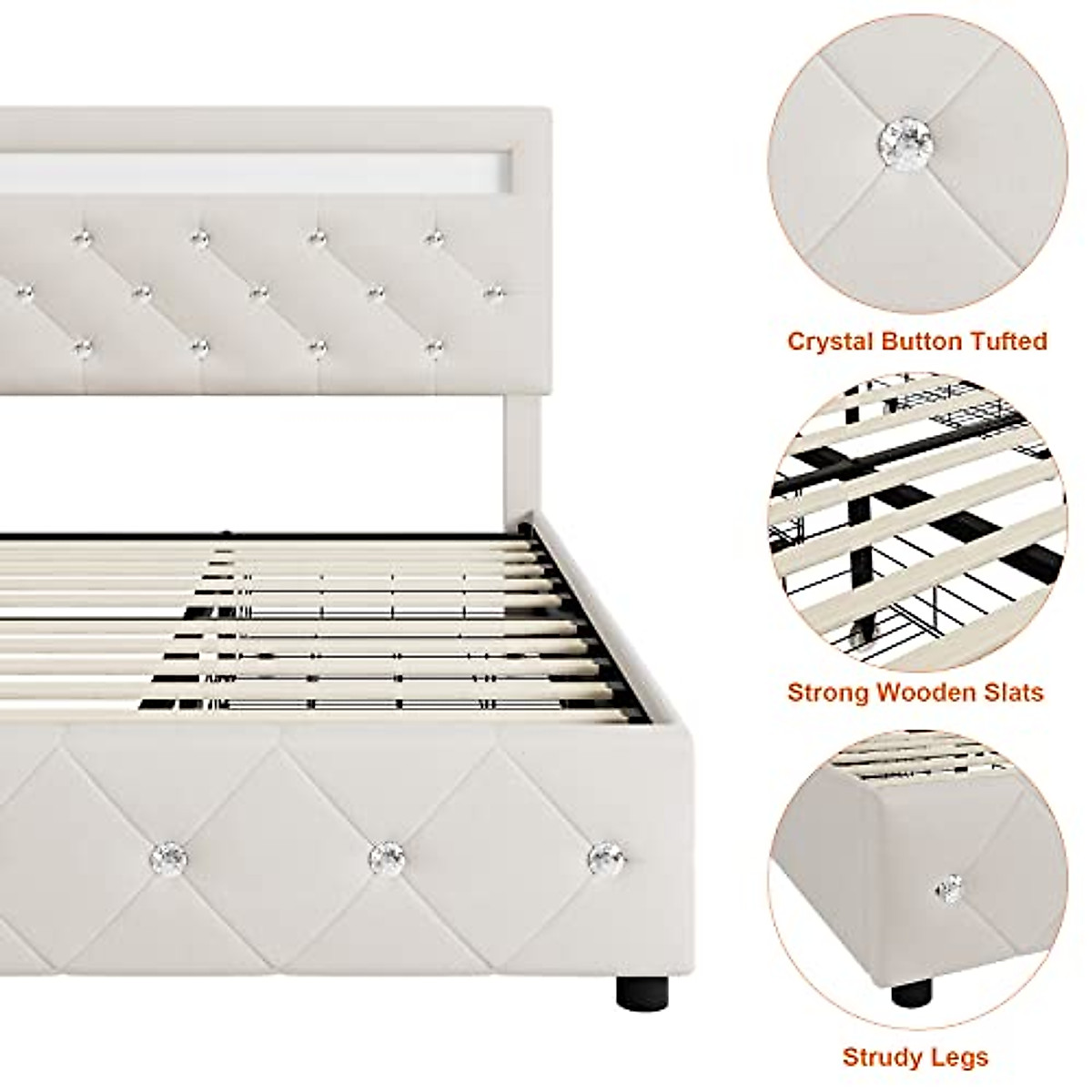 Keyluv King Size LED Bed Frame with 4 Storage Drawers, Velvet Upholstered Platform Bed with Adjustable Crystal Button Tufted Headboard and Solid Wooden Slats Support, No Box Spring Needed, Beige