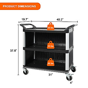 Rolling Utility Cart with Storage Cabinet and Lockable Wheels - Heavy Duty 3-Tier Service Carts for Kitchen, Office, Garage, and Restaurant – Black