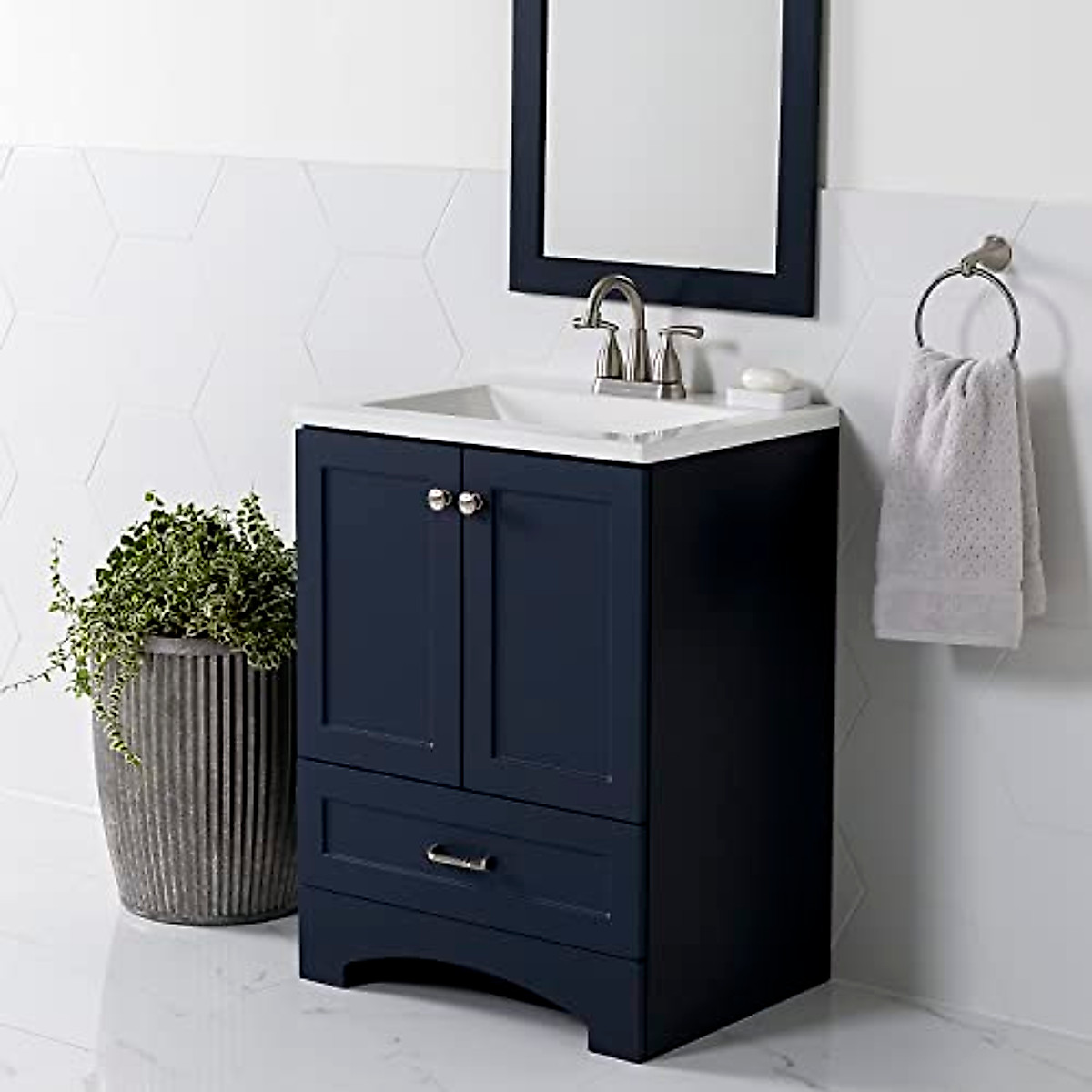 Spring Mill Cabinets Emlyn 24 Inch Bathroom Vanity with White Single Sink Top, 2-Door Cabinet, 1 Drawer, 24.5" W x 18.75" D x 32.89" H, Deep Blue