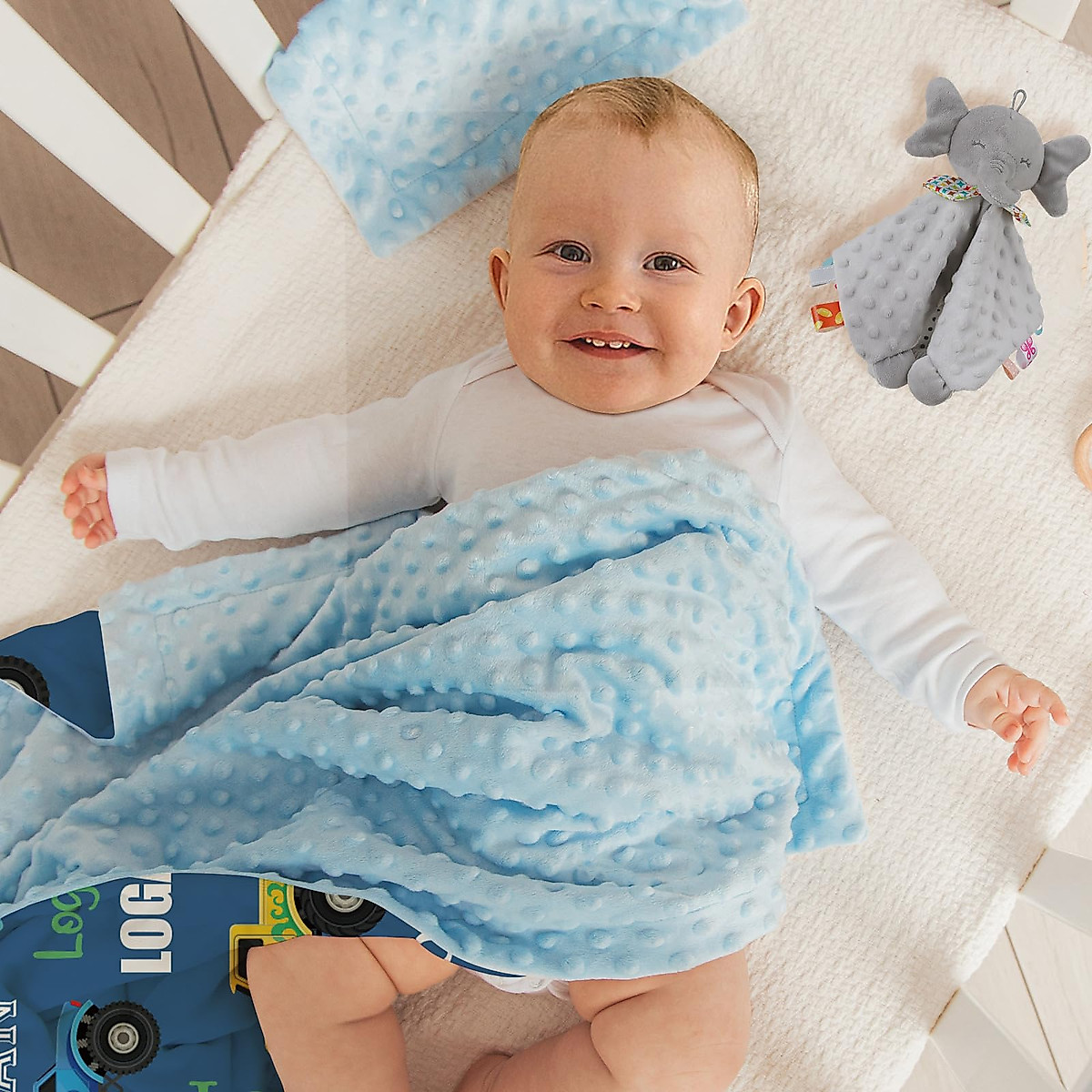 Custom Name Blanket - Personalized Flannel Bed Blanket with Double Layer Dotted Backing - Car Monster Truck Tractor Excavator Train with Multi-Fonts Name Design for Baby Kids Boys Girls Gifts Color08