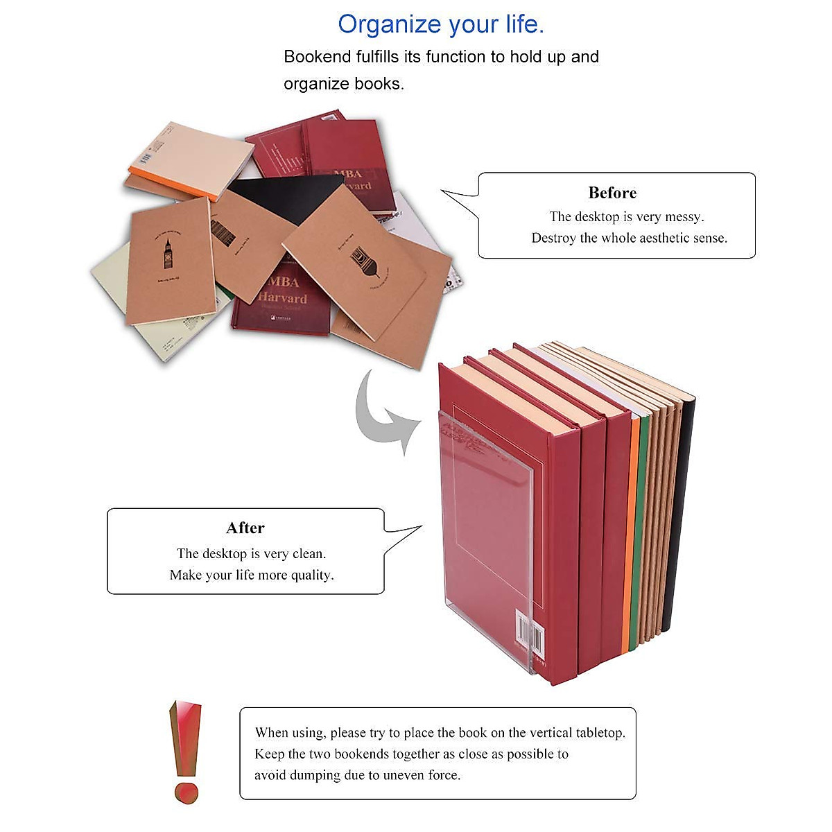 MerryNine Plastic Acrylic Bookends Pair Organizer Bookshelf Decor Decorative Bedroom Library Office School Supplies Stationery Gift (Plastic Acrylic_1 Pairs)