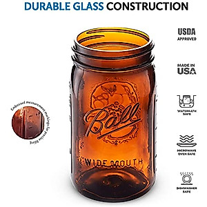 Ball WIDE MOUTH Quart (32 oz.) Glass Food Preserving Pickling Canning Mason Jar with Lid and Band, Clear, 12-Count (Packaging May Vary) (Amber)