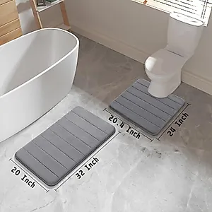 Yimobra Memory Foam Bath Mat Set, 2 Piece Soft Bathroom Rugs, 31.5x19.8 and 24x20.4 U-Shaped Bathroom Rugs, Toilet Mat, Water Absorption, Non Slip, Thick, Dry Fast for Bathroom Floor Mats, Grey
