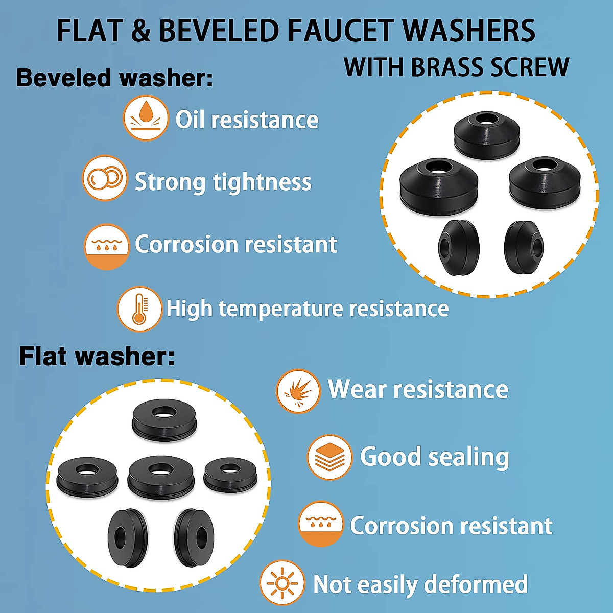 ZDBB 96 pcs Flat and Beveled Faucet Washers and Brass Bibb Screws Assortment for Use with Assorted Quick-Opening Style Faucets Stem Worn Out Washer Replacements Black