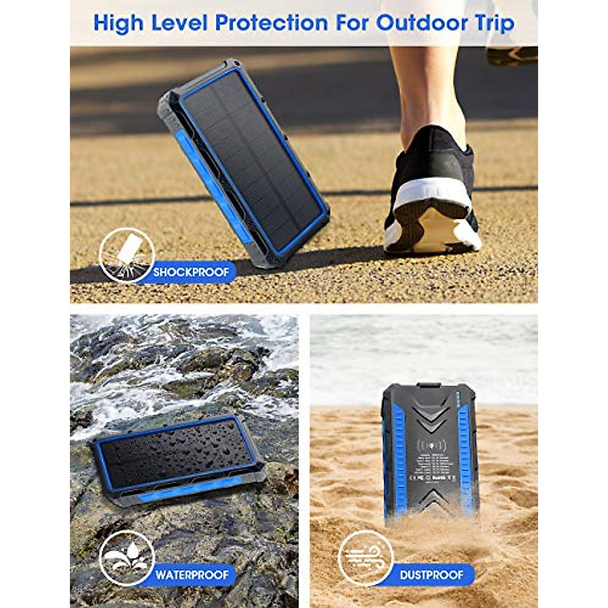 Solar Power Bank 36000mAh, Qi Wireless Charger, DJROLL Portable Solar Charger with Dual USB & Type-C Port 5V/3A Output, IP66 Waterproof Powerbank, Flashlights Cell Phone Charger for Camping Outdoor