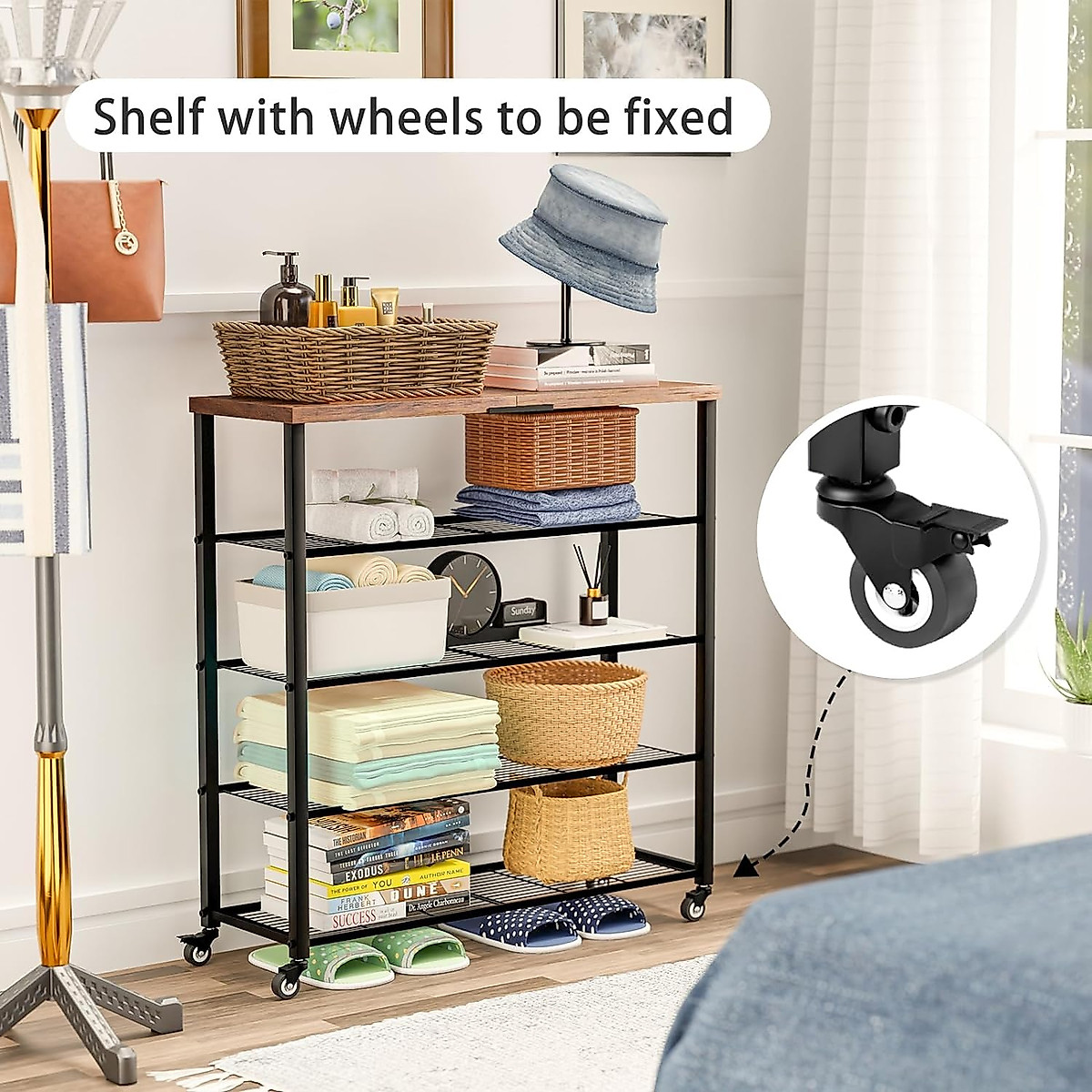 Simple Trending-5 Tier Extra Large Shoe Rack, Rolling Shoe Storage Organizer and Heavy Duty Casters with Brake for Closet Entryway, Steel Frame, Industrial, Rustic Wood and Black