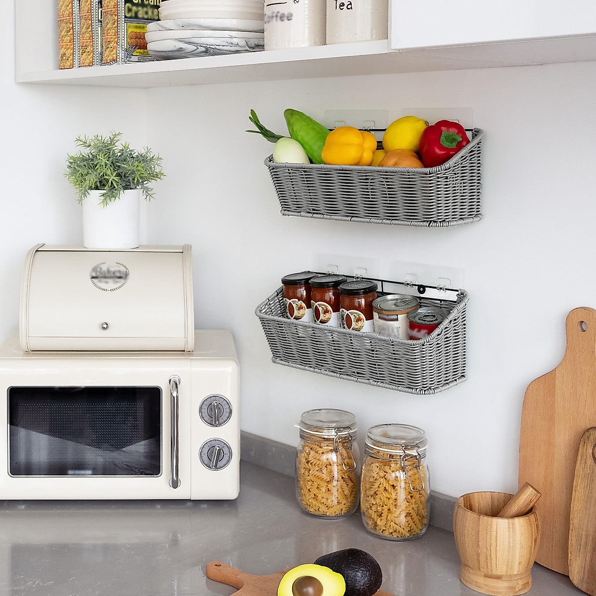 GRANNY SAYS Wicker Hanging Basket, 2 Pack Storage Baskets for Cabinet, Wall Mount Fruit Basket for Kitchen, Adhesive Bathroom Cabinet Organizer, Pantry Organizers and Storage, Gray