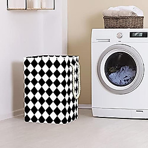 Art Black White Square Checkerboard Large Laundry Hamper With Easy Carry Handle, Waterproof Collapsible Laundry Basket For Storage Bins Kids Room Home Organizer