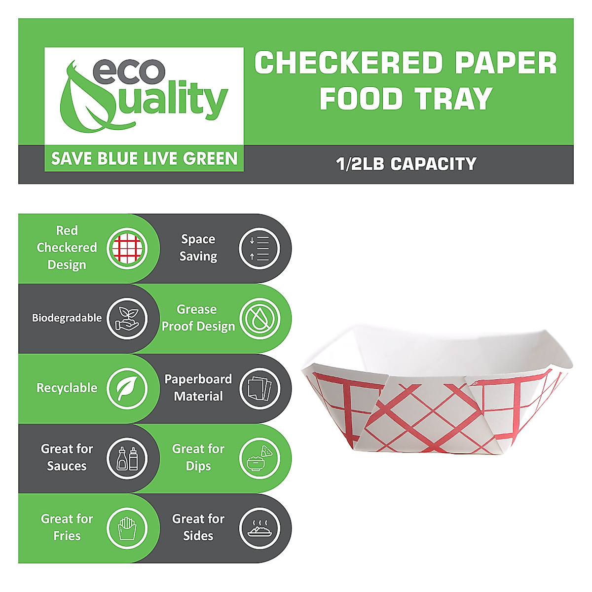 50ct Disposable Paper Food Tray (1/2 LB) - Red Check Food Tray, USA MADE, Recyclable, Biodegradable, Compostable, Great for Picnics, Carnivals, Party, Camping, BBQ, Restaurants, Fries (0.5lb)