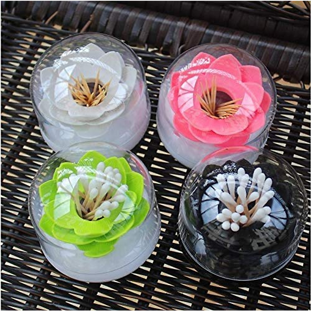 Niviy Q-Tips Holder Cotton Swab Organizer Lotus Shape Swab Cosmetic Storage Bathroom Decor, Black