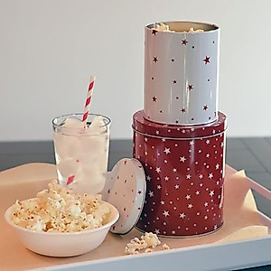 WHW Whole House Worlds 2 Piece Red and White Cookie Tin Set With Detachable Lids, Merry Star Pattern, Cylinders, 5 and 6.25 Inches Tall